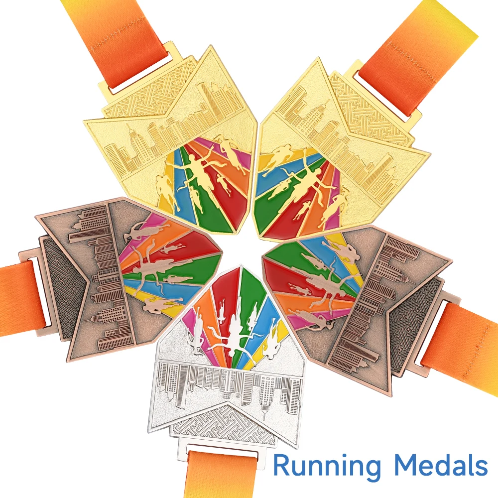 Running-Runner-Gold-Medals-Trophy-Award-With-Neck-Ribbons-Marathon ...