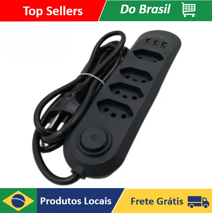 Extensão Elétrica 2m Com 3/4 Tomadas com 3 Entradas USB com Botão| | - AliExpress