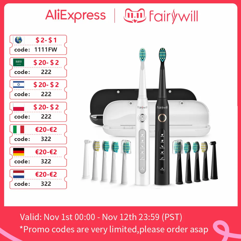 Fairywill FW 507 Sonic Electric Toothbrush 5 Modes USB Charger Tooth ...