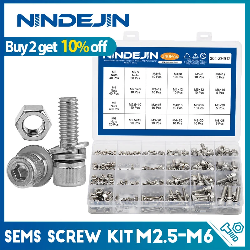 340pcs/set Hexagon Socket Screw Kit with Washer and Nut Sems Screw Set ...