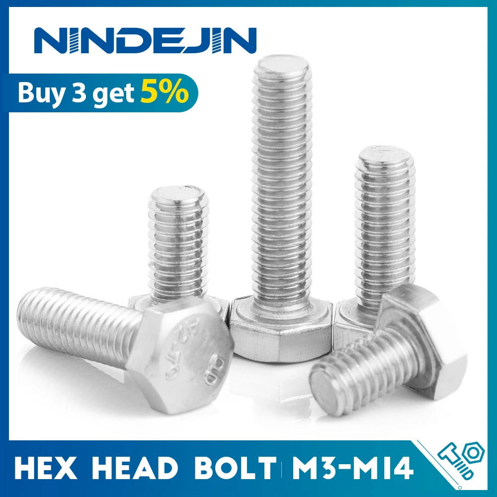 Nindejin External Hex Hexagon Head Screws With Full Thread M4 M5 M6 M8 M10 M12 M14 304 Stainless ...