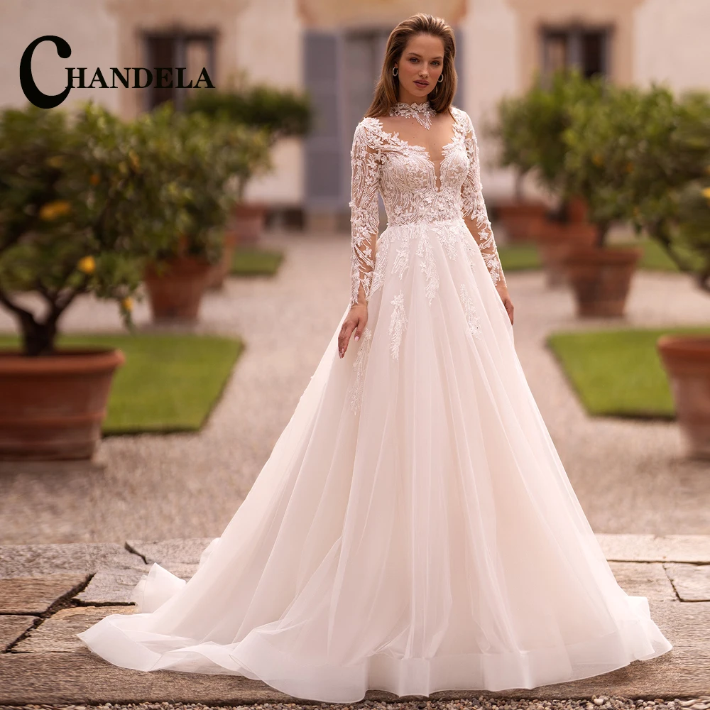 CHANDELA-A-Line-Charming-Wedding-Dress-for-Bride-V-Neck-Full-Sleeevs ...