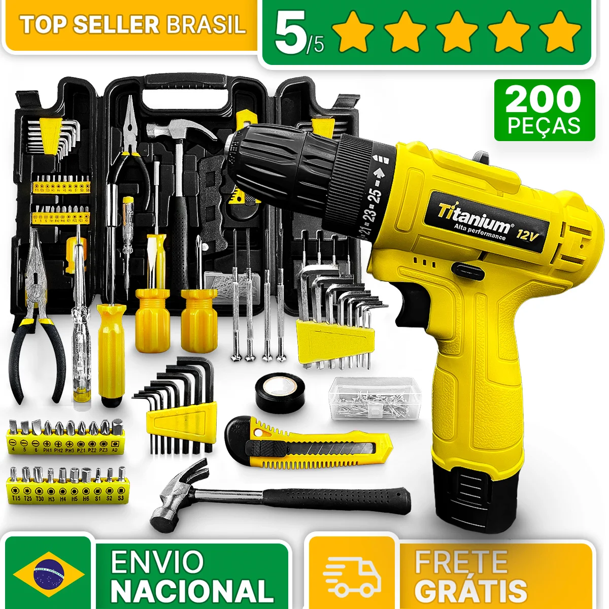 Kit Parafusadeira Furadeira 12v Titanium Com 200 Peças