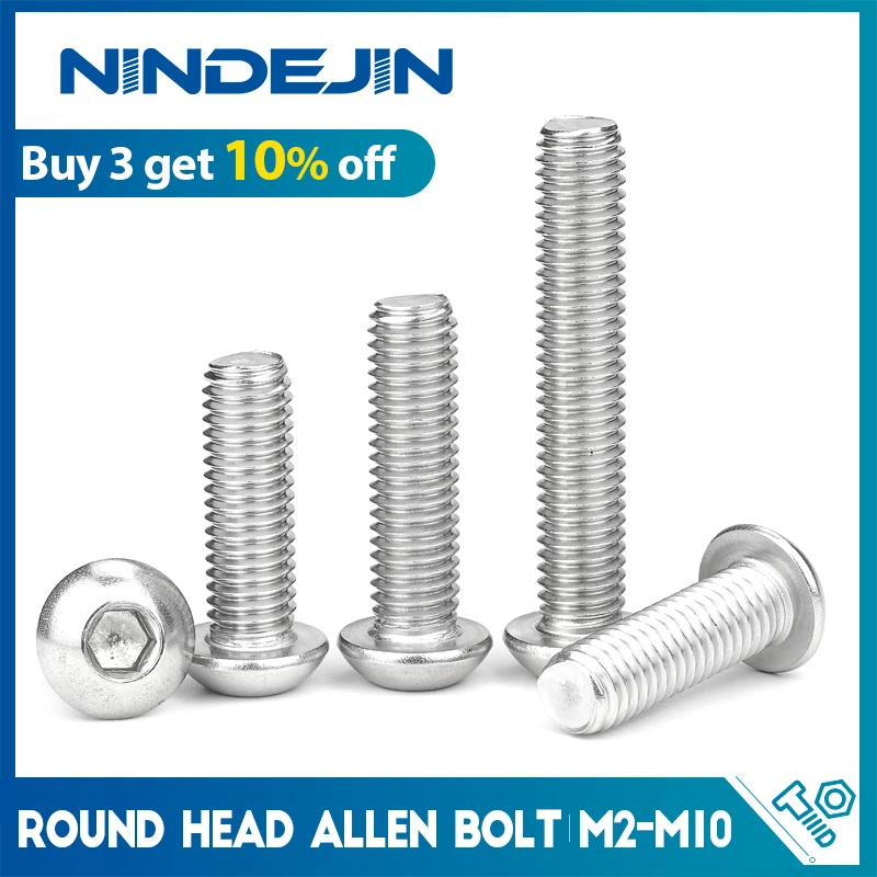 Nindejin M2 M2.5 M3 M4 M5 M6 M8 M10 Hexagon Hex Socket Button Head Screws Stainless Stee Round ...