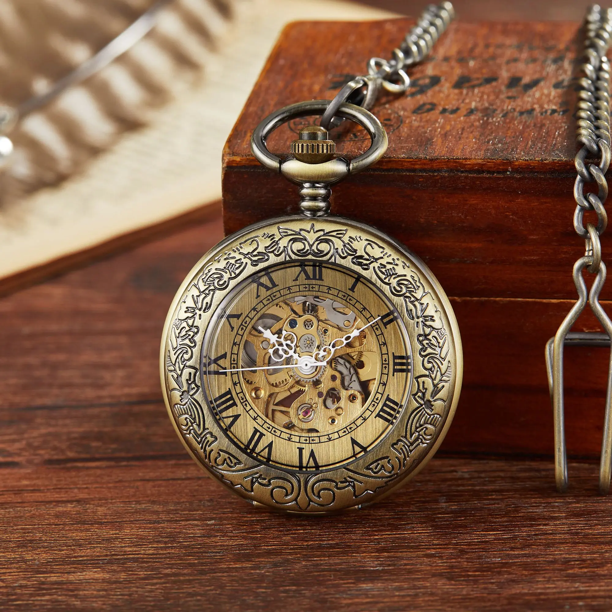 Antique Brozne Transparent Gear Skeleton Mechanical Automatic Self-wind ...