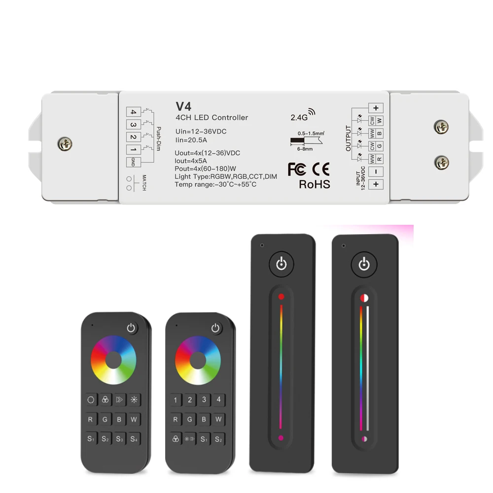 LED 스트립 조명 테이프용 RF RGBW LED 컨트롤러, 고전력 조광기, 4 채널 5A, DC 12V, 24V, 36V, 2 ...