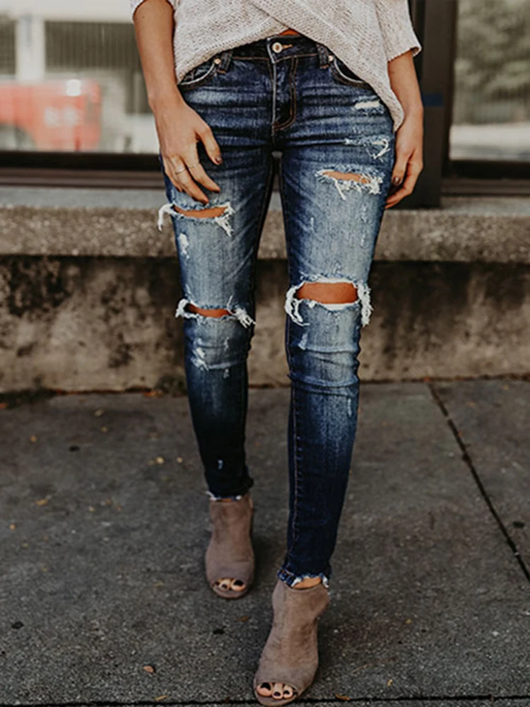Fashion Stretch Ripped Mid Rise Frayed Pocket Distressed Jeans
