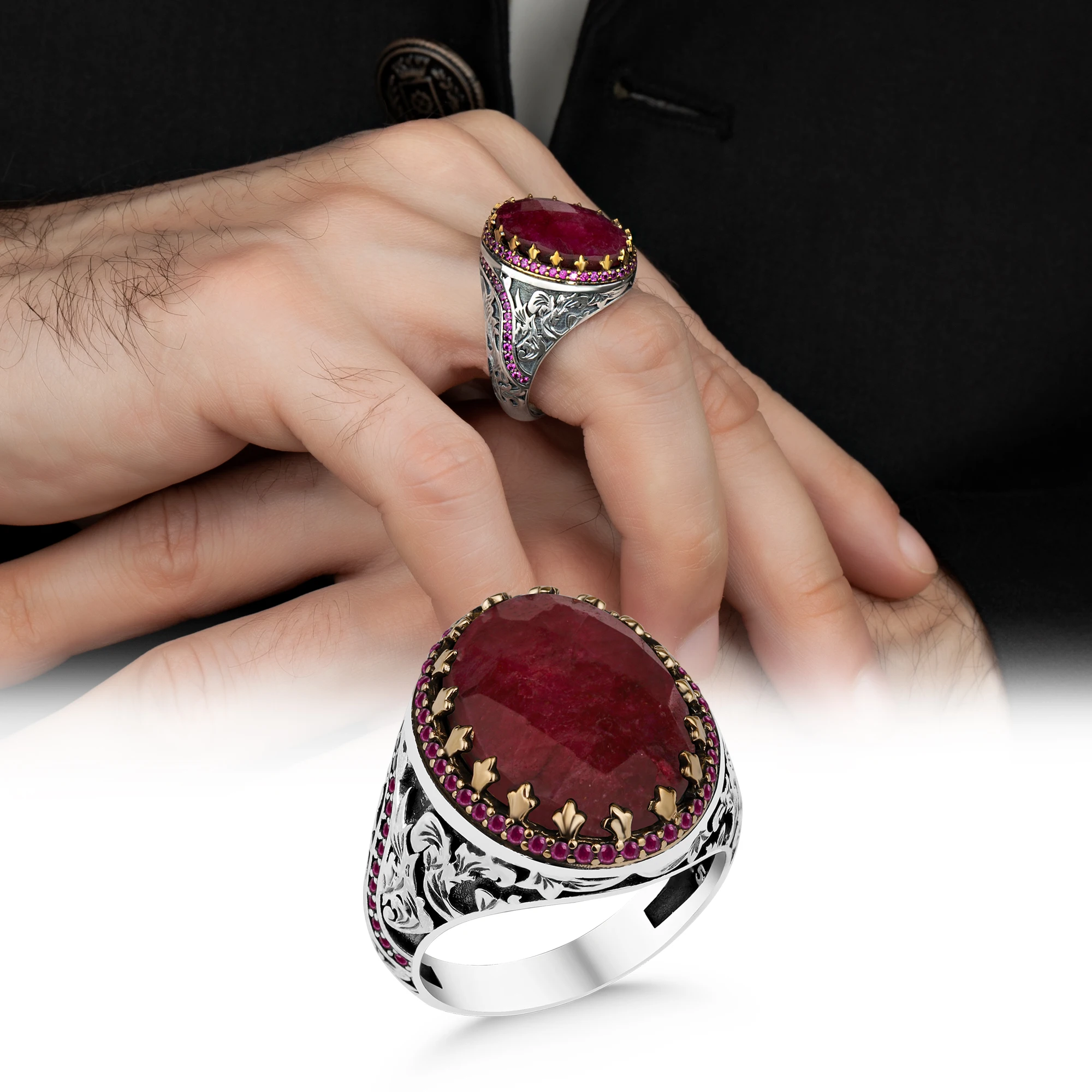 Natural Root Ruby and Root Emerald Stone Ring For Men Pure 925 Sterling ...