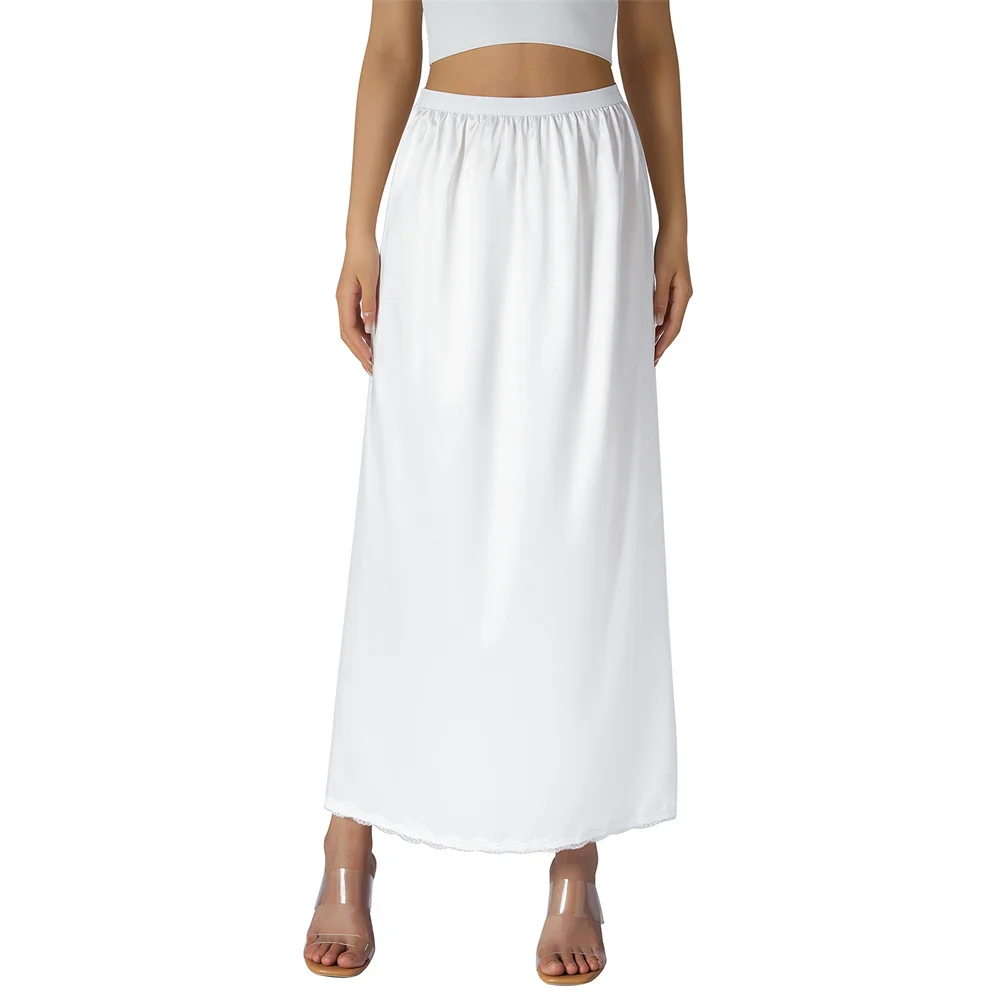 Vrouwen-Satin-Lace-Lange-Onderrok-Anti-Statische-Elastische-Taille ...