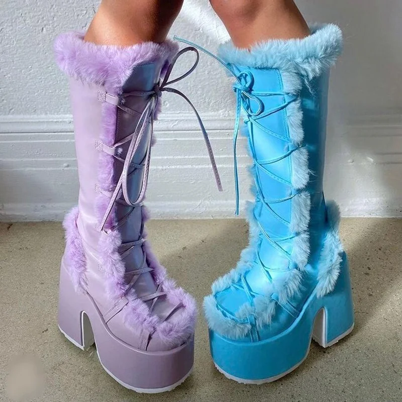 Pink Knee High Platform Boots | Pink Winter Boots White Shoes | Black ...