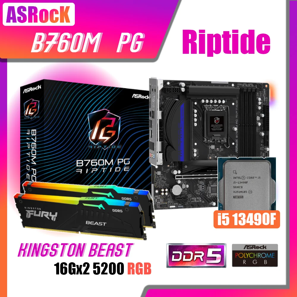 ASRock B760M PG Riptide DDR5 LGA1700 Motherboard Kit With Intel Core i5 13490F Processor Fury ...