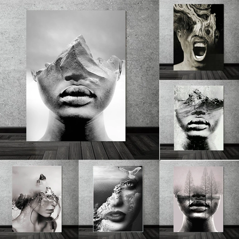 Abstract Surrealism Mountains and People Portrait Art Canvas Painting ...