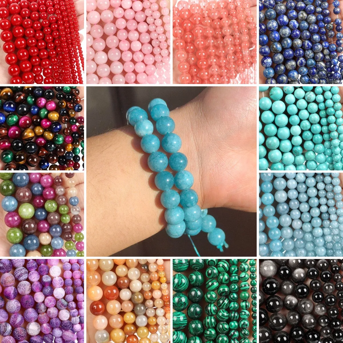 Natural Stone Beads Blue Aquamarine Agate Tiger Eye Quartz Jades Loose ...