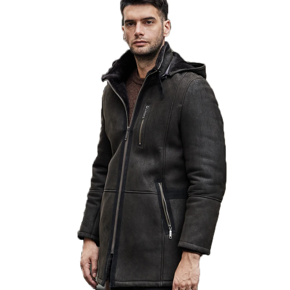 Denny&Dora Mens Shearling Jacket Hooded Spain Imported Merino Sheepskin ...