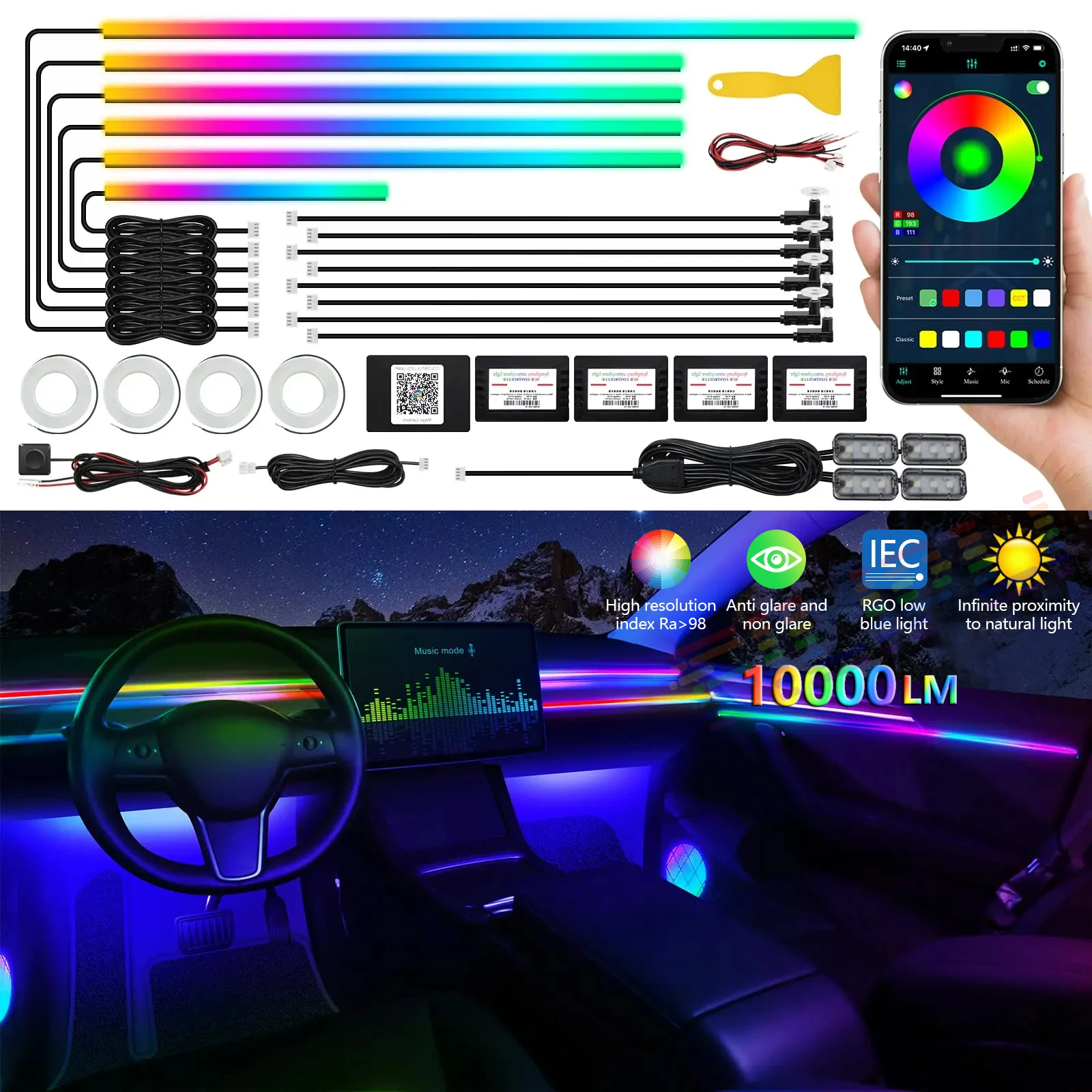 22-In-1-Full-Color-Streamer-Car-Ambient-Lights-RGB-64-Color-Universal ...