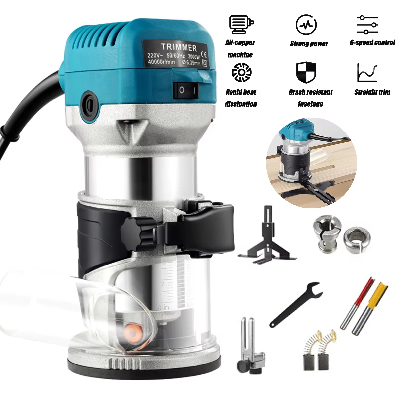 220V-2000W-6-Speeds-Woodworking-Electric-Trimmer-Wood-Milling-Engraving ...