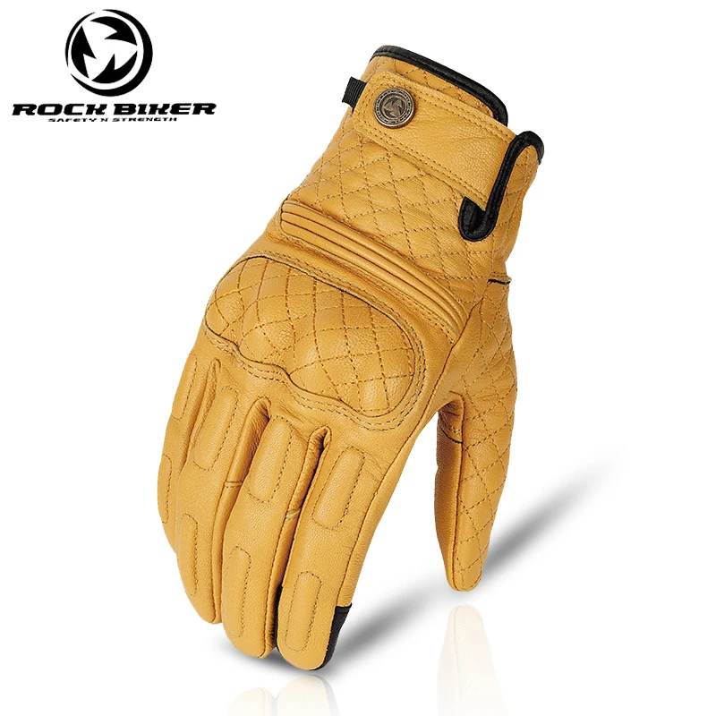 Rock Biker Leather Motorcycle Gloves Retro Yellow Motocross Gloves ...