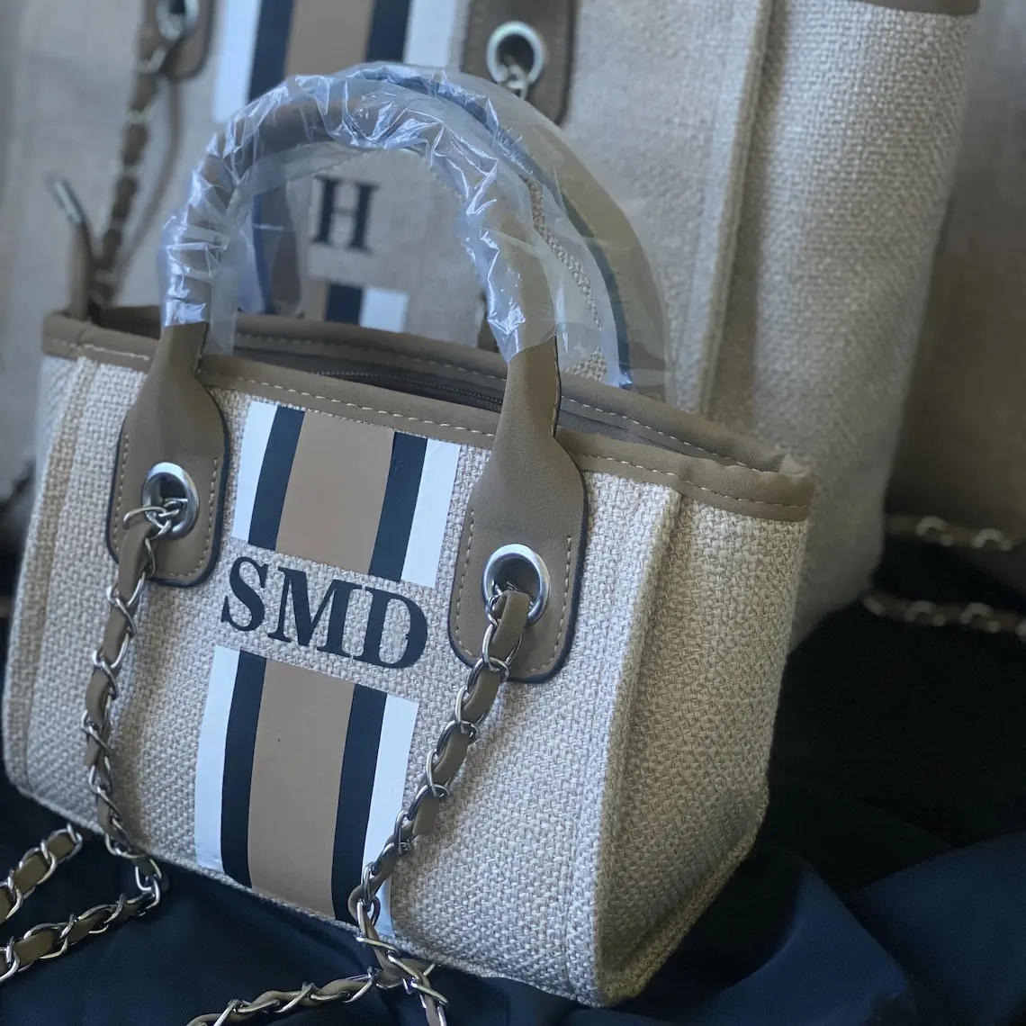 Personalized-Monogram-Tote-Bag-Customised-Chain-Handbag-White-Stripe ...