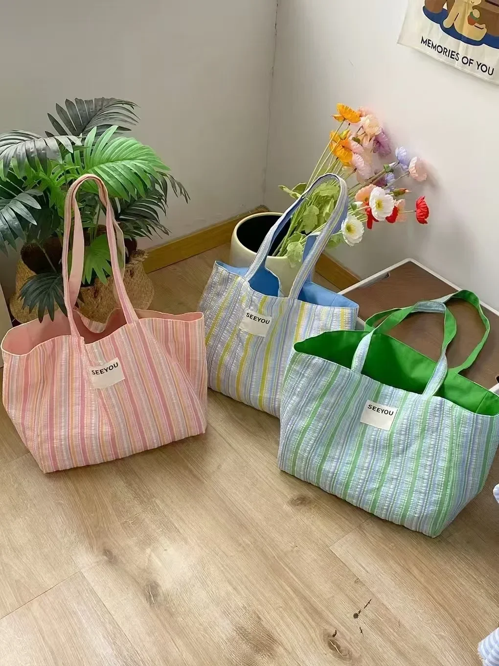 100pcs/Ins Style Large Capacity Tote Bag Striped bag Canvas Single ...
