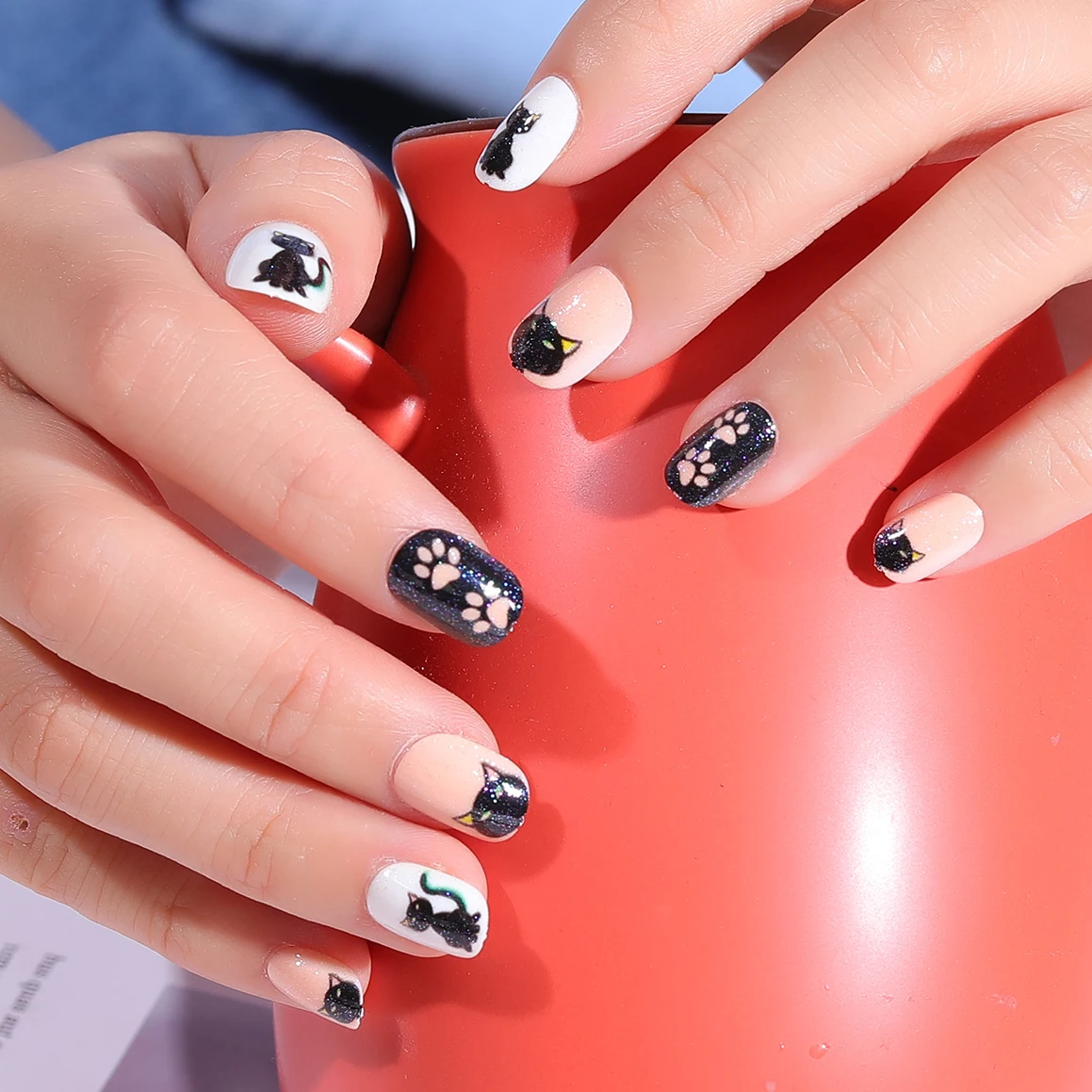 CNHIDS-24Pcs-Cartoon-Cat-Design-Fake-Nail-Children-False-Nail ...