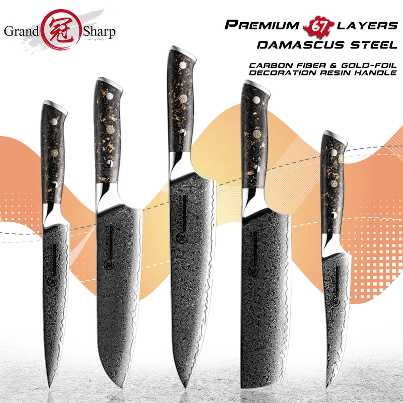 Grandsharp Kitchen Knives 5 Pcs Chef Knife Set 67 Layers Damascus Steel ...