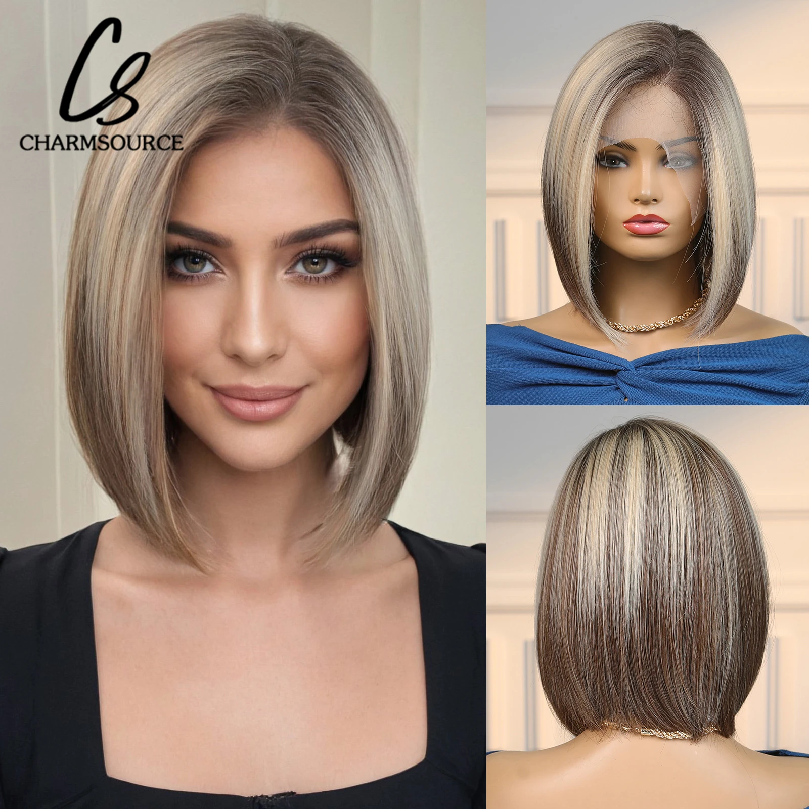 CharmSource-Lace-Front-Wig-Brown-Blonde-Wigs-Straight-Medium-Long-Side ...