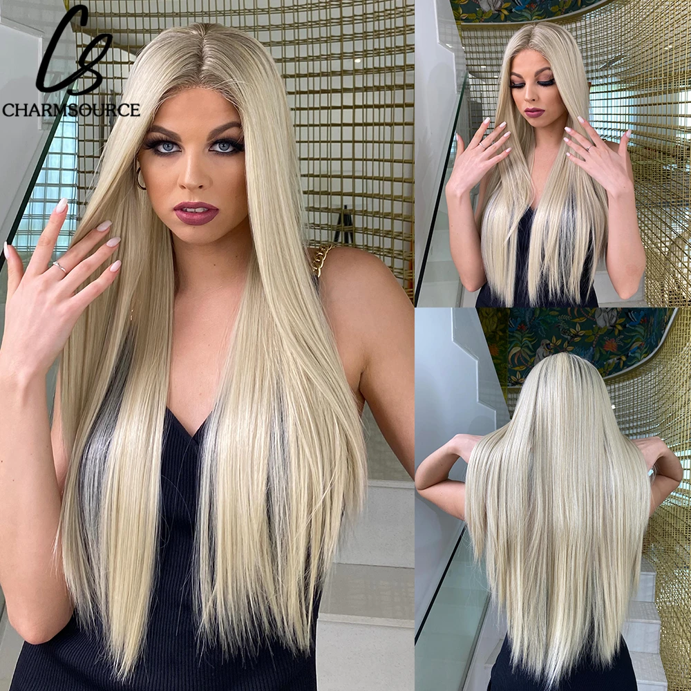 CharmSource-Lace-Front-Wig-Long-Straight-Blonde-Wigs-with-Dark-Root-for ...