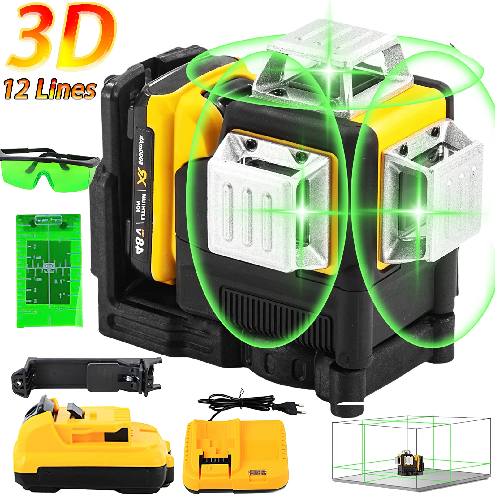 12-Lines-3D-Laser-Level-Green-Line-SelfLeveling-360-Horizontal-And ...