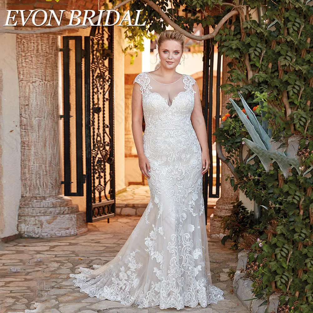 EVON-BRIDAL-Elegant-Plus-Size-O-Neck-Wedding-Dress-Mermaid-Cap-Sleeves ...