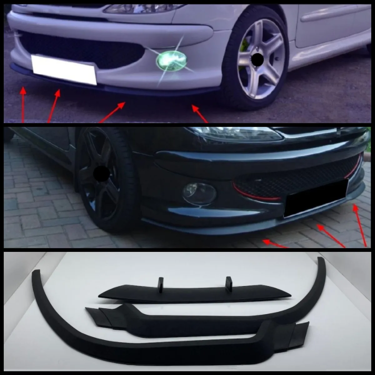 For-Peugeot-206-CUPRA-R-Front-Bumper-Lip-Universal-3pcs-Diffuser-Black ...
