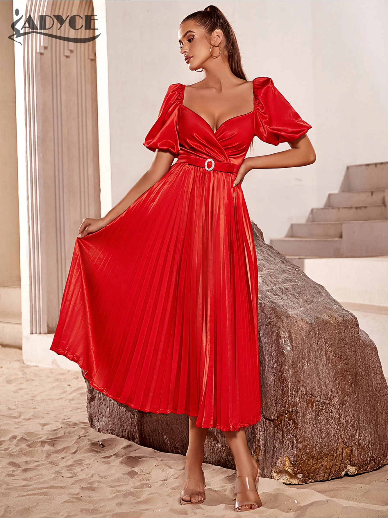 Adyce Women Red Dress Sexy Summer Puff Short Sleeve V Neck Celebrity ...