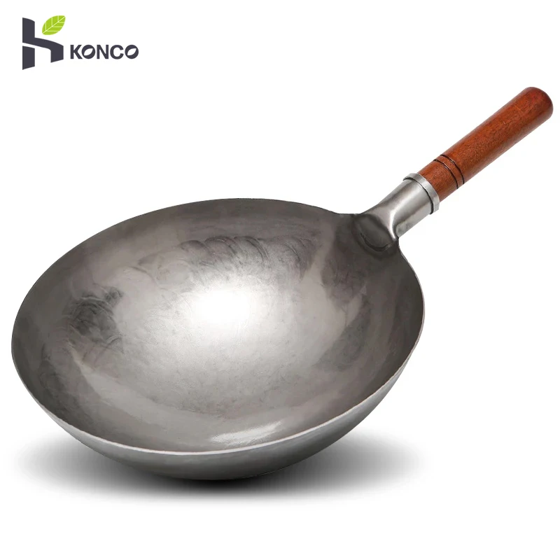 Konco-Hand-Hammered-Wok-Chinese-Traditional-Iron-Wok-No-Coating-Wooden ...