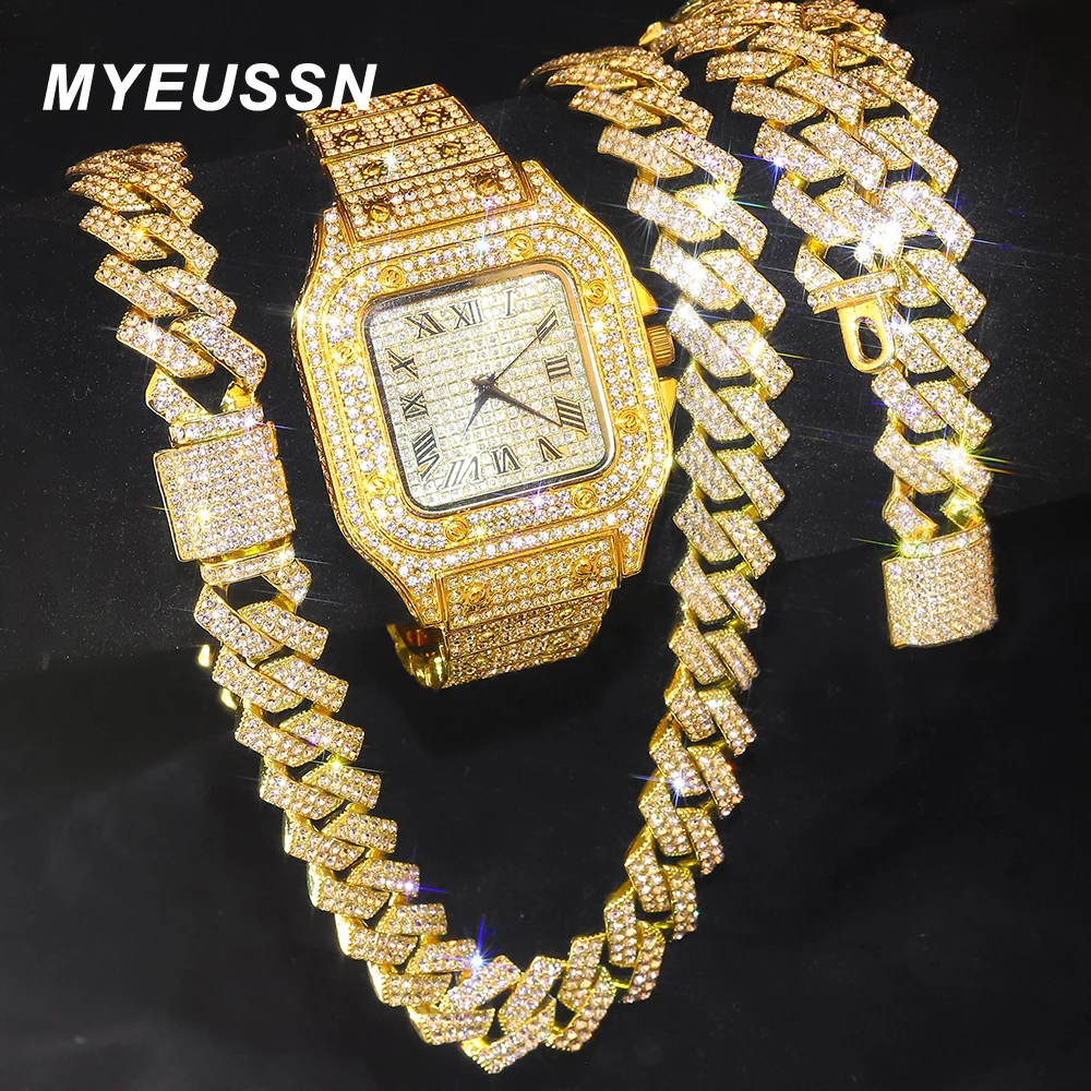 Gold-Color-Cuban-Chain-Watch-for-Men-Hip-Hop-Miami-Curb-Iced-Out-Paved ...