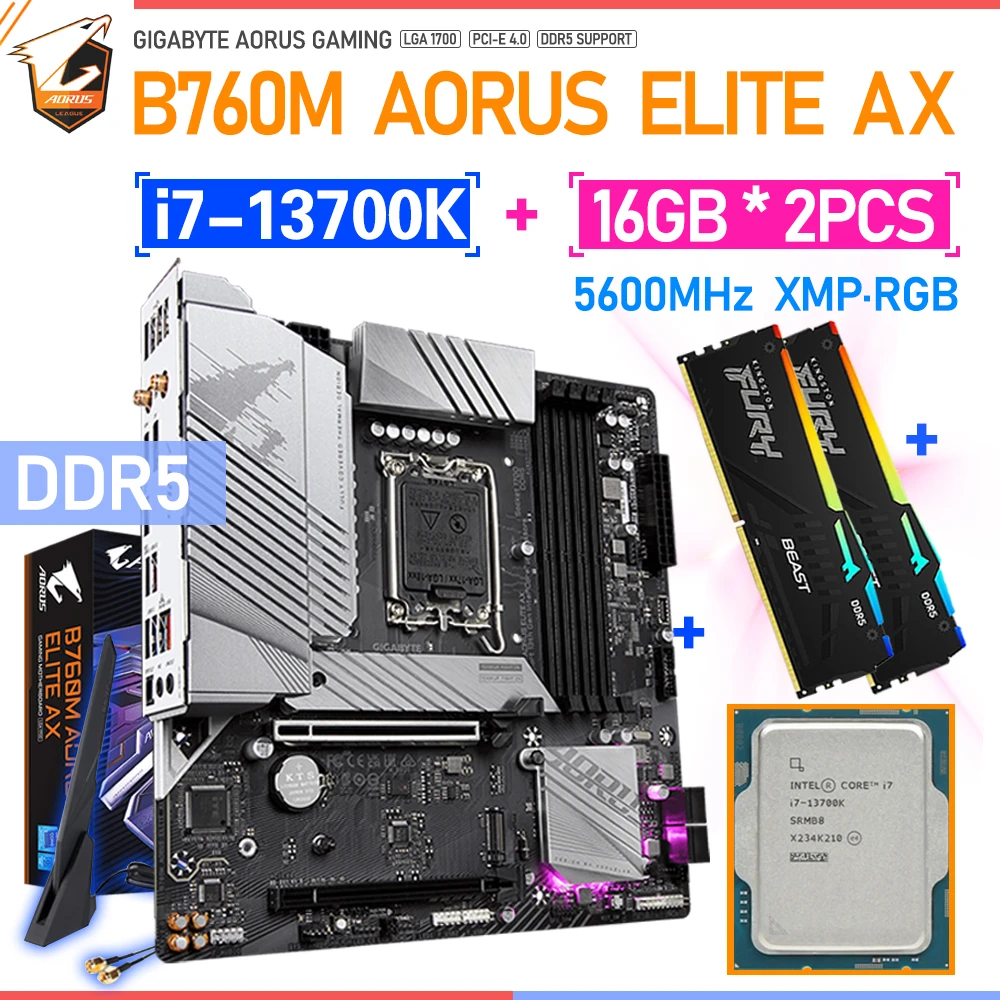 Intel core i7 13700k cpu + gigabyte b760m aorus elite ax wifi mainboard ddr5 kit ram desktop ...