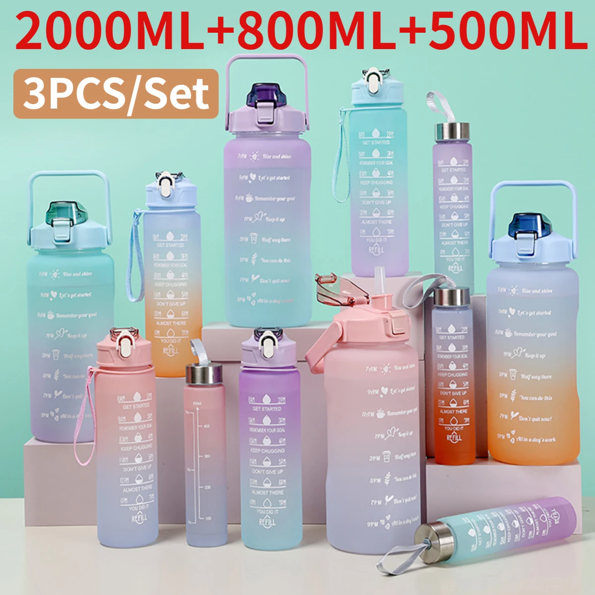 Botella de agua de gran capacidad con pajita, botellas deportivas motivacionales para beber con ...