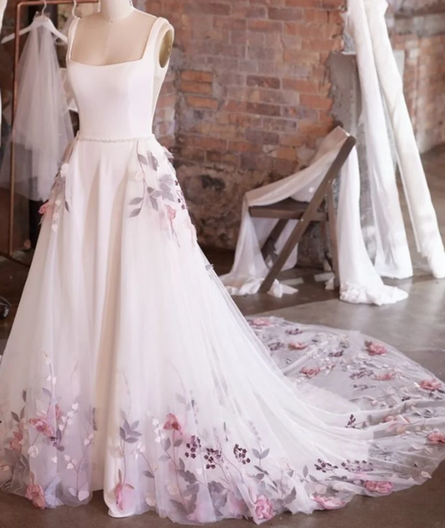 White-Embroidered-Applique-Wedding-Dress-Elegant-Simple-Princess-Chapel ...