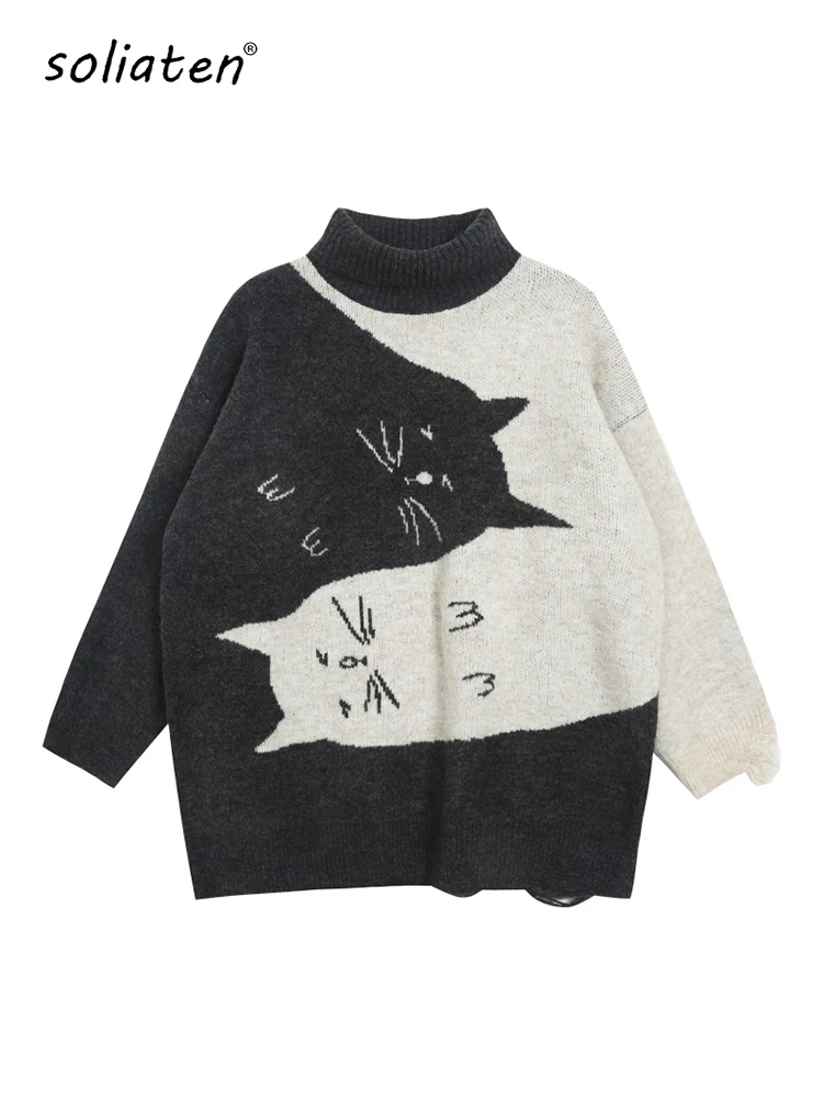 Women-s-Oversized-Sweater-Knitted-Autumn-Winter-Turtleneck-Cute-Cat-Print-Knit-Pullover-Warm ...