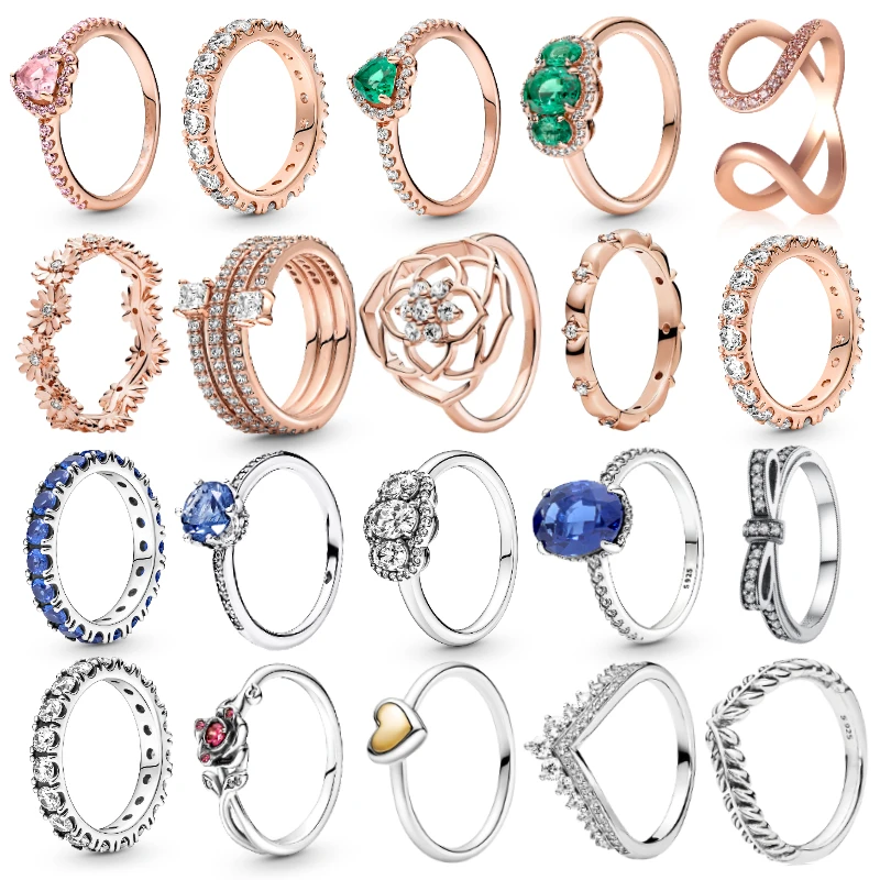 Rings For Women 925 Silver Wholesale Popular Blue Crystal Golden Heart ...