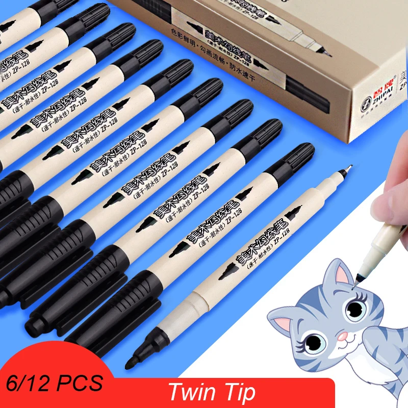 ZHIPAI-Double-Side-Marker-Pens-Black-Felt-Tip-Pens-Black-Dual-Tip-Brush ...