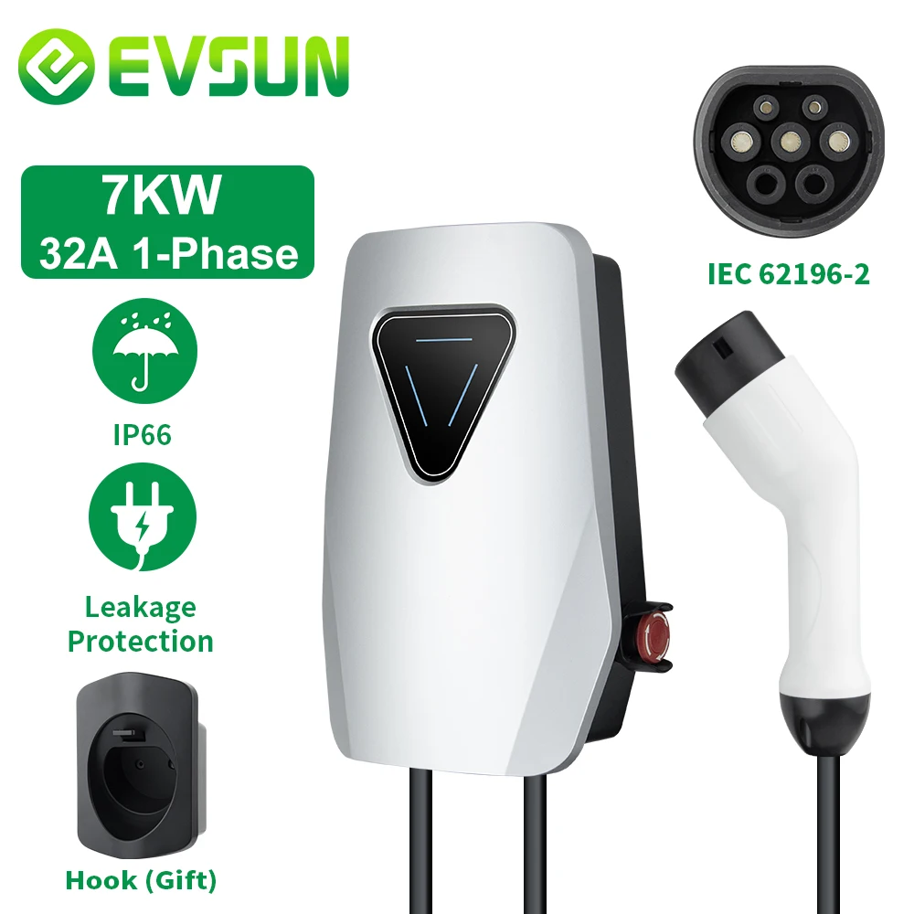 EVSUN EV 충전기 Type2 IEC62196 2 어댑터 충전 케이블 7KW 32A Schuko 플러그 EVSE 휴대용 벽 ...