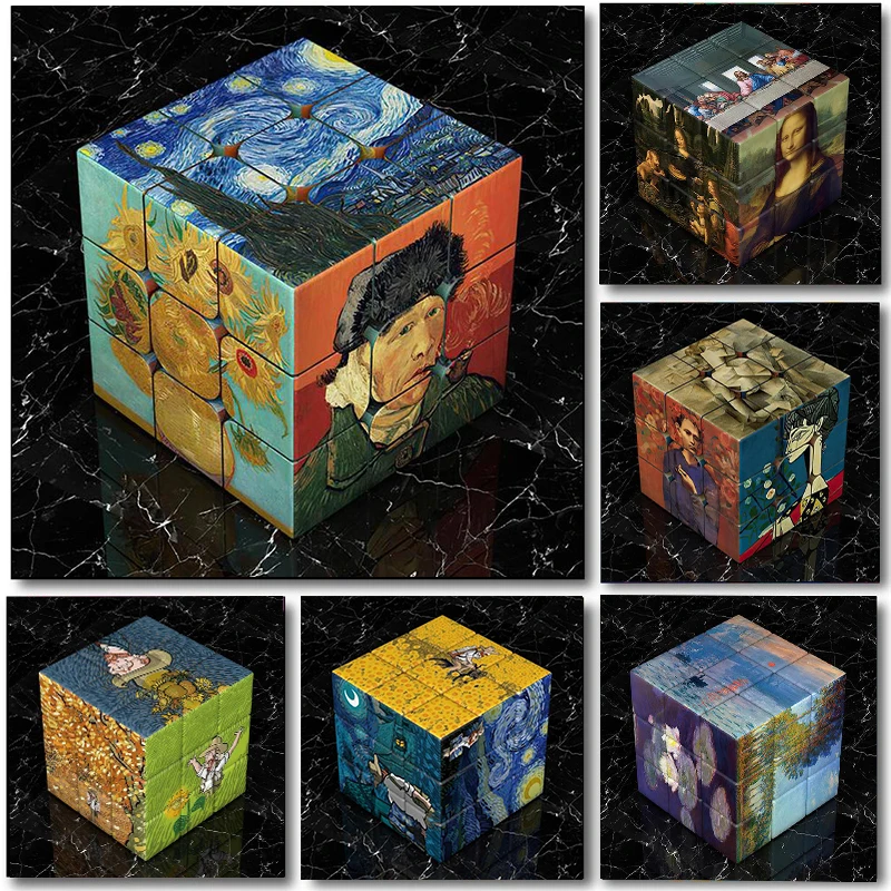 Pintura en lienzo de cubo de Rubik, arte de pared de Van Gogh y Da Vinci, carteles impresos para ...