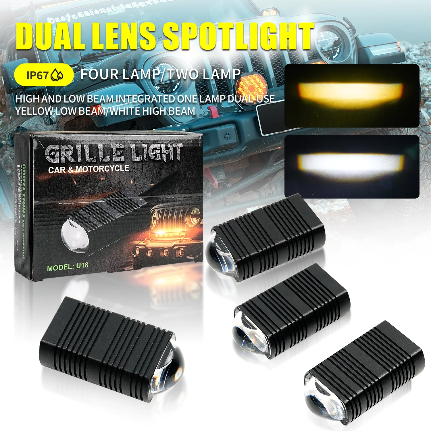 Mini Driving LED Light Motorcycle Car Dual Color Super Bright Auxiliary ...