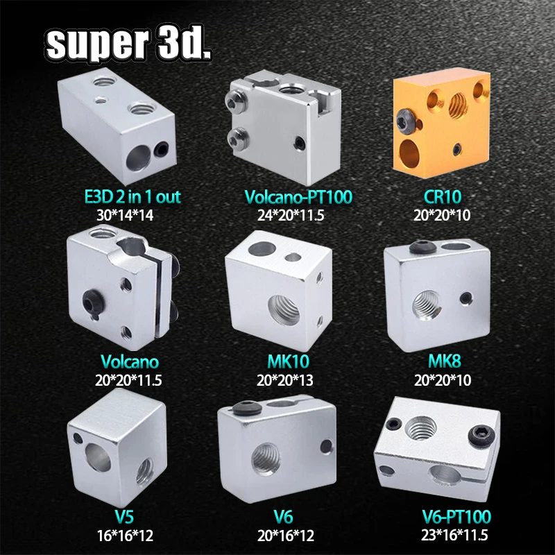 1 pcs 3D Heat Block E3D V5 V6 MK7 MK8 MK2 MK10 Volcano PT100 CR10 2 IN ...