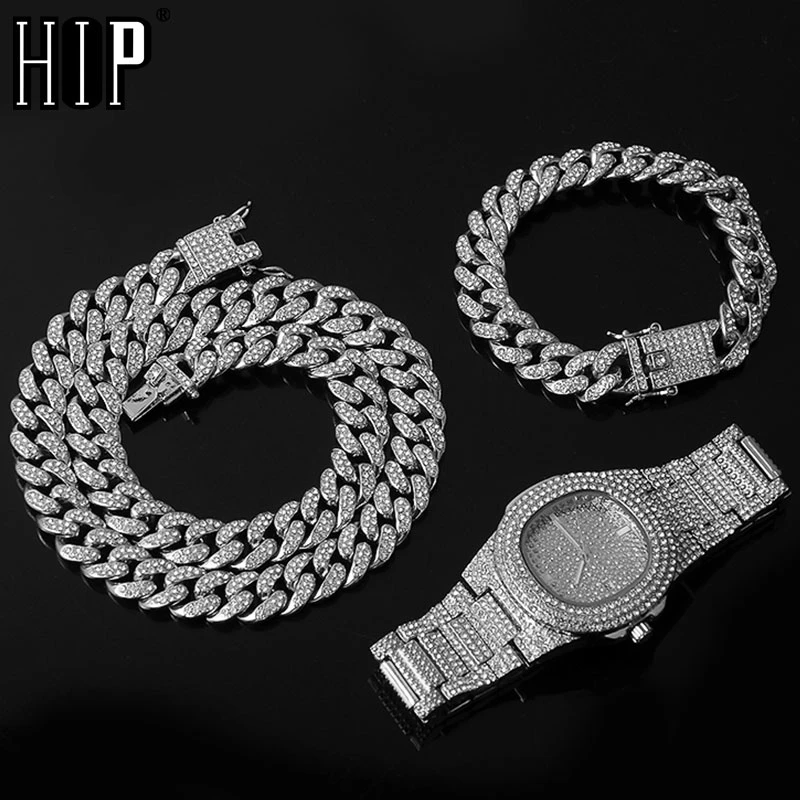 Necklace +watch+bracelet Hip Hop Miami Curb Cuban Chain Gold Color Iced ...