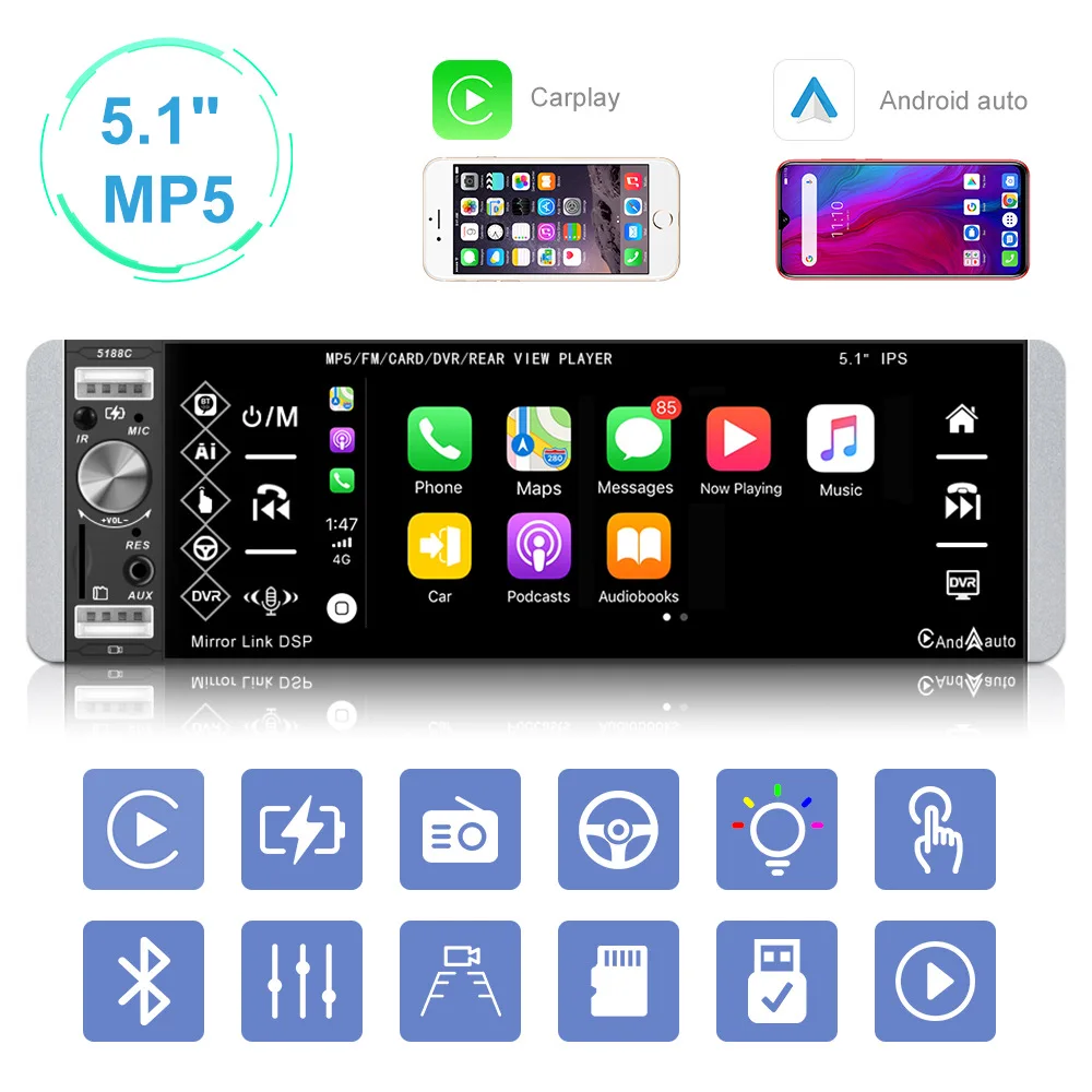 Reproductor-MP5-t-ctil-para-coche-Radio-FM-de-1DIN-4-USB-5-1-pulgadas ...
