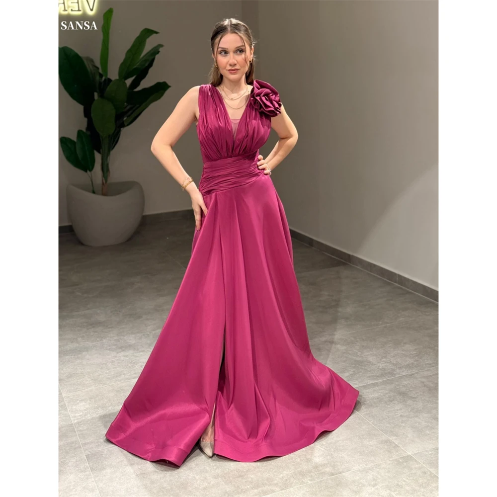 Sansa Customized V Neck A-line Side Split 3D Flower Prom Dresses Pleats ...