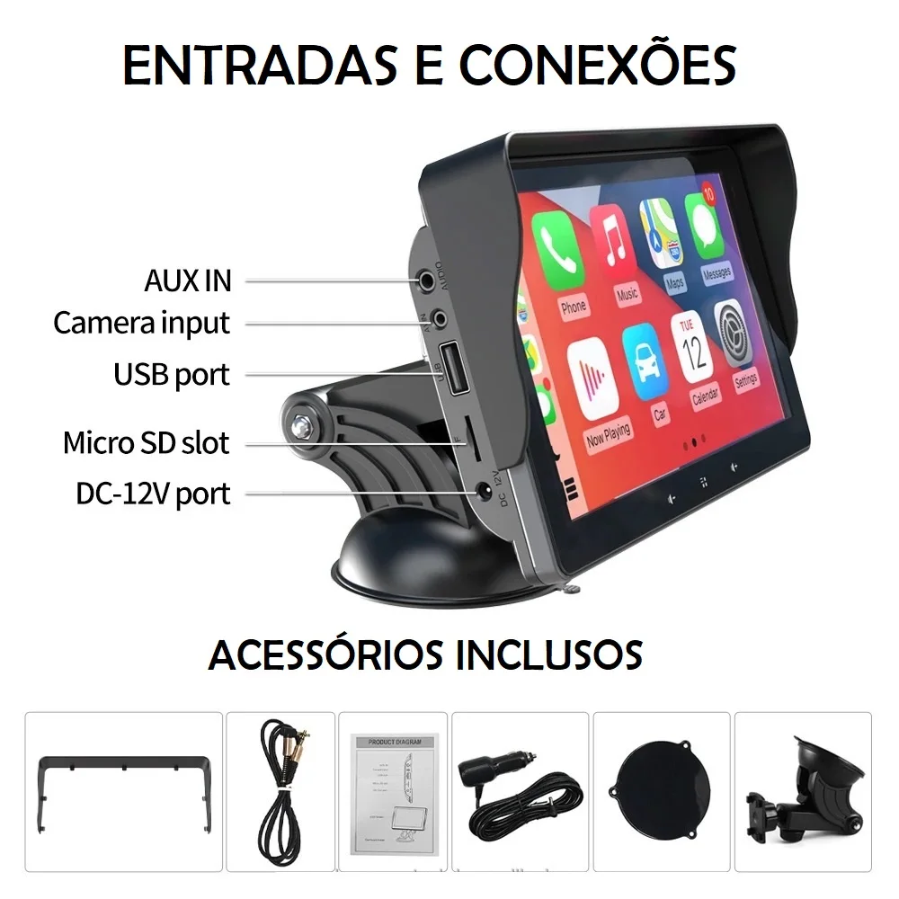 Central Multimidia Portatil 7 / 10 polegadas com conexão Carplay / Android Auto sem fio, entrada ...