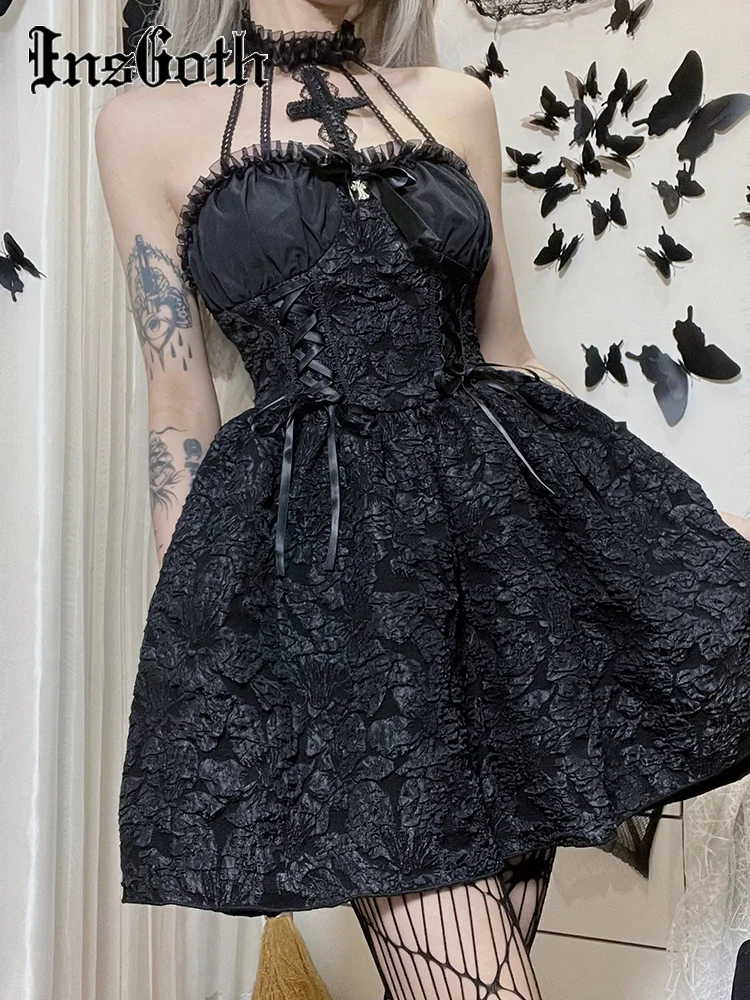 Insgoth Floral Mini Dress Y2k Lace Up Sexy Backless Halter Lace ...
