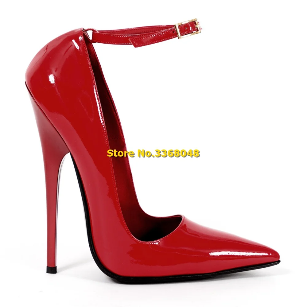 Red Patent Leather High Heels Sexy Pointed Toe Ankle Strap Super ...