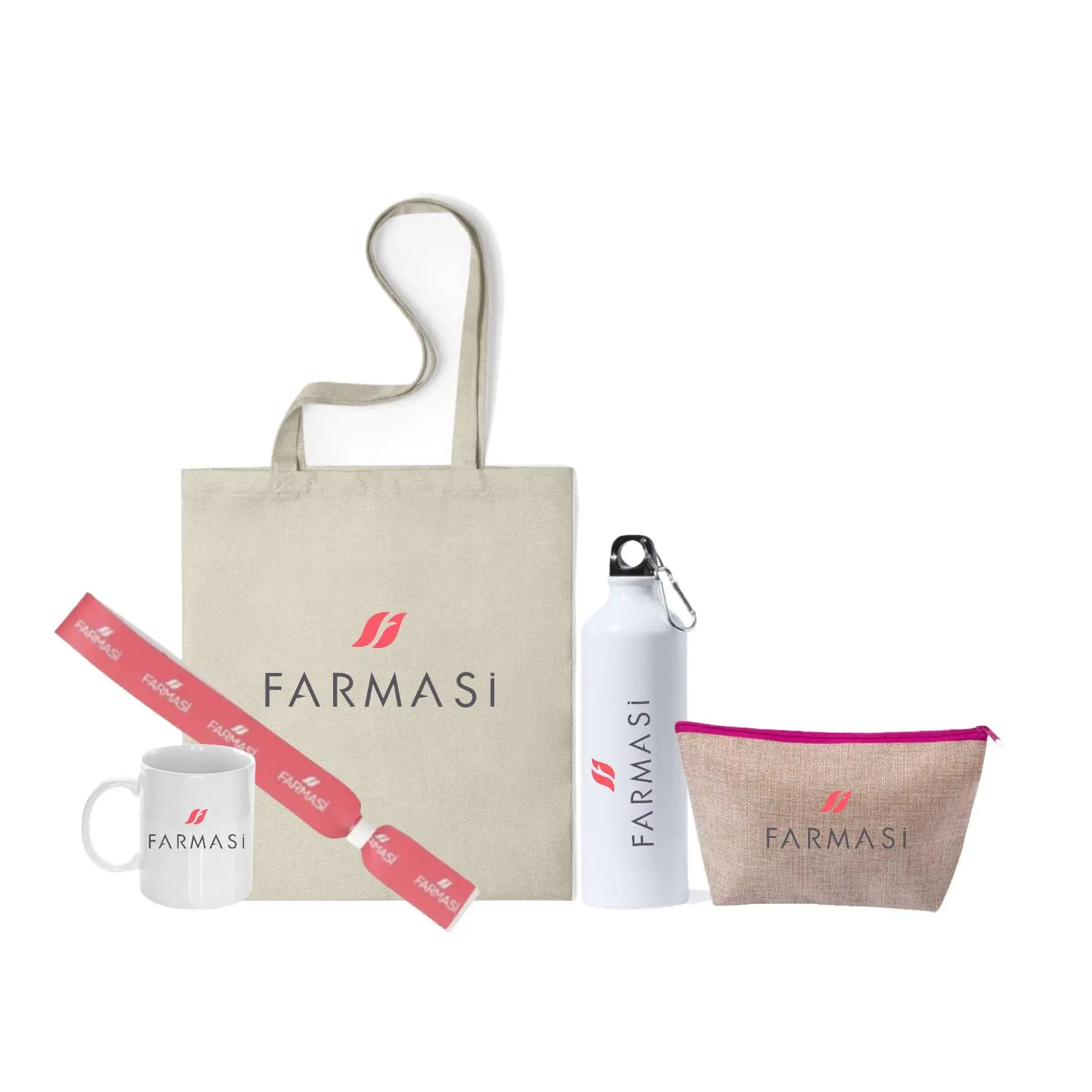 Pack de la marca Farmasi con bolsa, pulsera, taza, botella y neceser ...